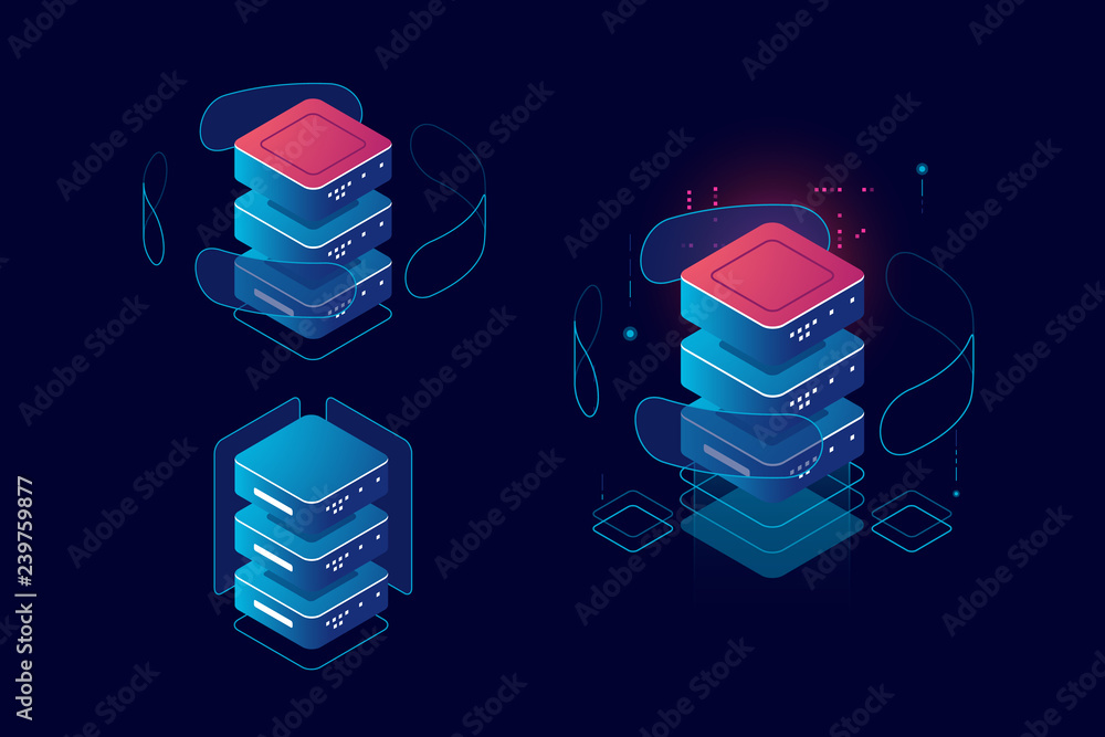 Cloud storage isometric, data security, information protection shield ...