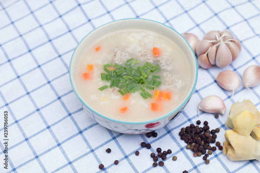Rice porridge with pork or rice soup, Asia food culture from rice Stock ...