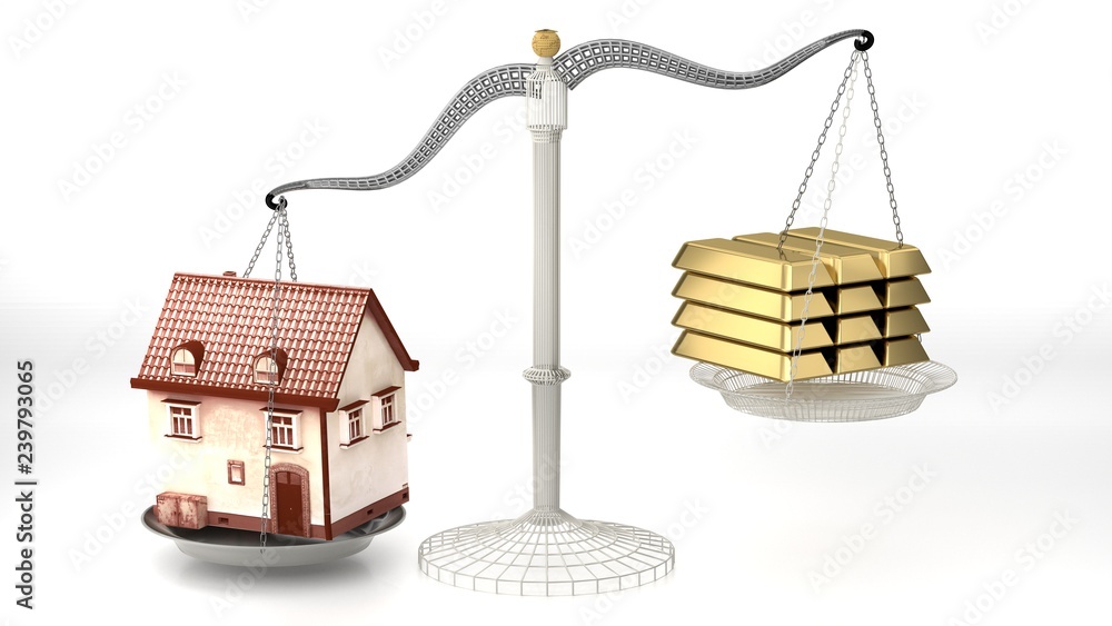 Overpriced house, overspending on real estate purchases symbolized by a ...