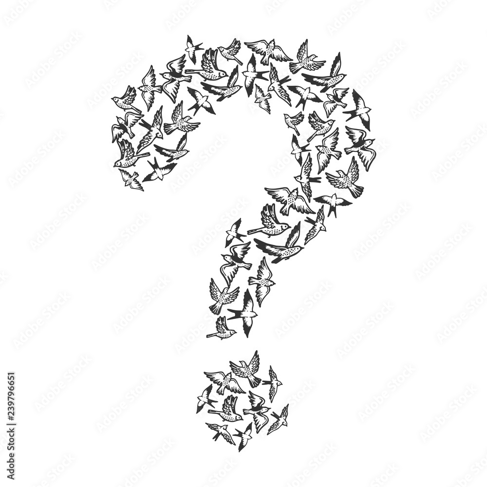 Vetor de Birds flying in form of question mark engraving vector ...