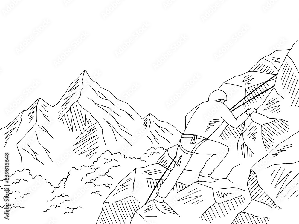 Alpinist climbing a cliff mountain graphic black white landscape sketch ...