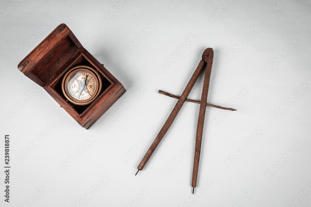 Old historical rare nautical compass and pivot tool for measuring long ...
