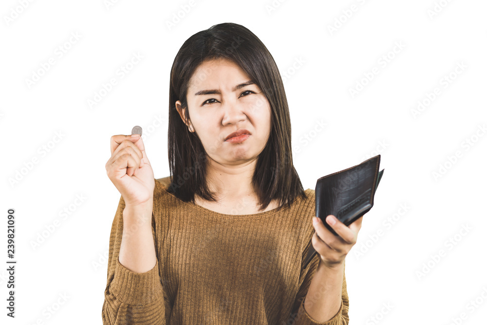 poor Asian woman hand holding empty wallet and one coin with sad face ...