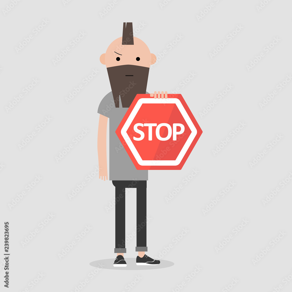 Young male character holding a red stop sign. Flat cartoon illustration ...