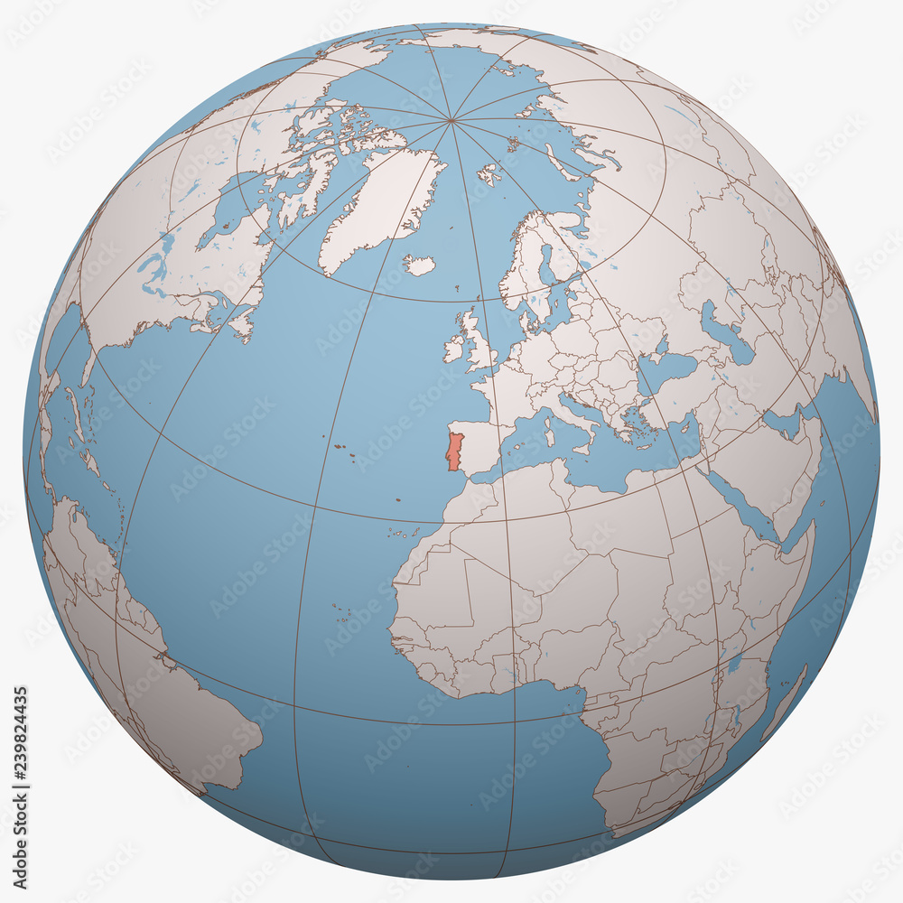Portugal on the globe. Earth hemisphere centered at the location of the ...