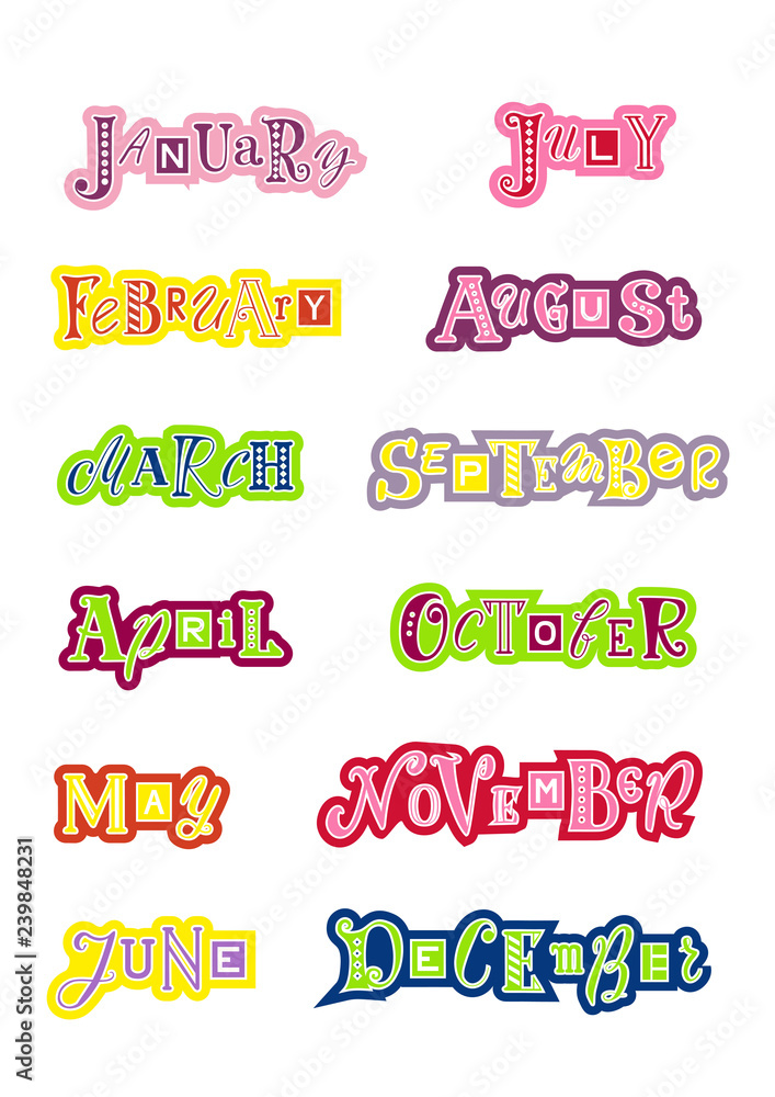 Hand drawn decorative colorful lettering of months of the year with ...