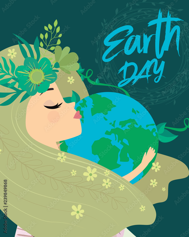 Earth Day poster with planet and girl. World environment day background ...