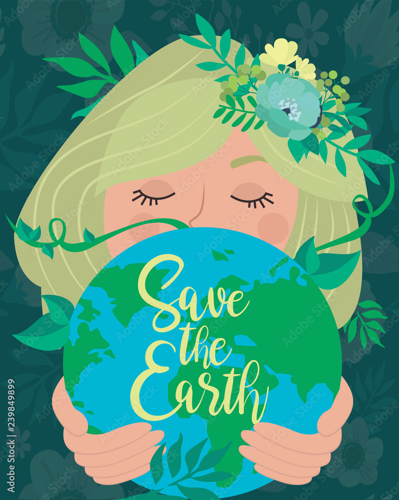 Earth Day poster with planet and girl. World environment day background ...