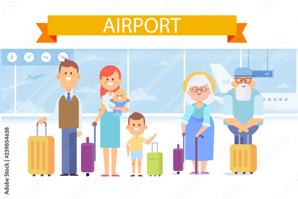 Cartoon family with luggage in airport waiting for flight. Flat vector ...
