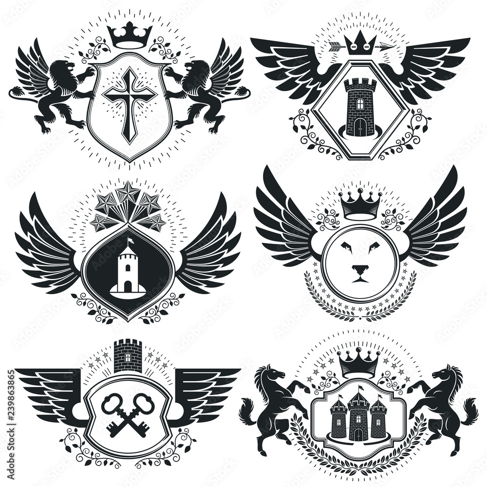 Heraldic signs, elements, heraldry emblems, insignias, signs, vectors ...