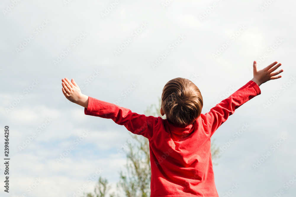 Little boy with open arms outdoors, back view. Child on a walk dreaming ...