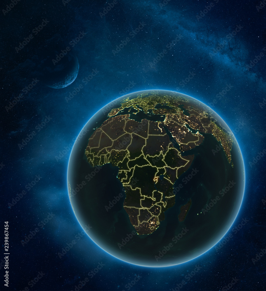 Rwanda at night from space with Moon and Milky Way. Detailed planet ...