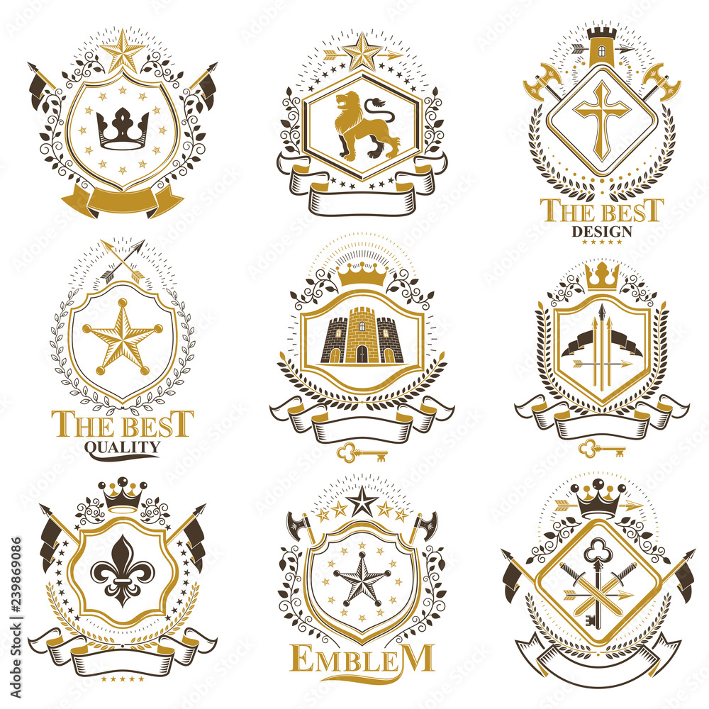 Vintage decorative heraldic vector emblems composed with elements like ...