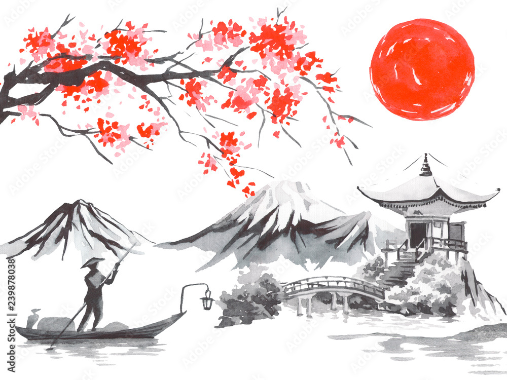 Japan traditional sumi-e painting. Fuji mountain, sakura, sunset. Japan ...