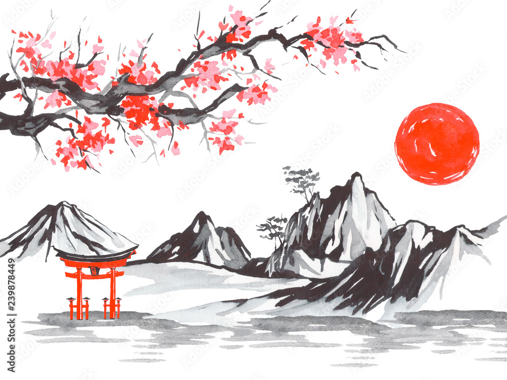 Japan traditional sumi-e painting. Fuji mountain, sakura, sunset. Japan ...