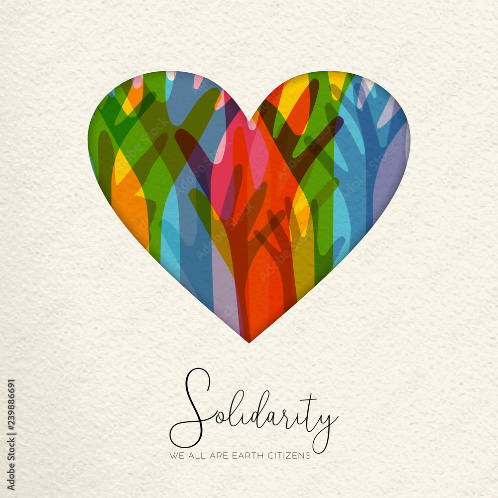International Human Solidarity Day illustration. Paper cut heart shape ...