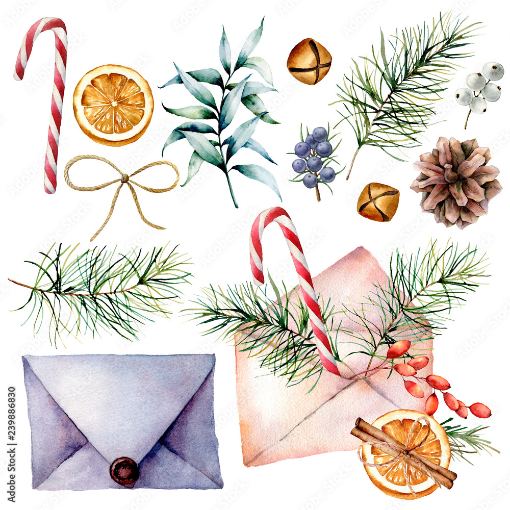 Watercolor Christmas set with envelopes and decor. Hand drawn old and ...