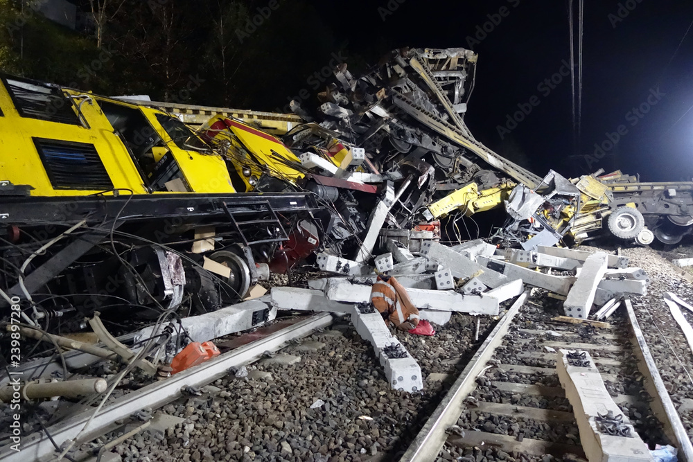 Massive train derail. Dramatic night scene of a head-on collision ...