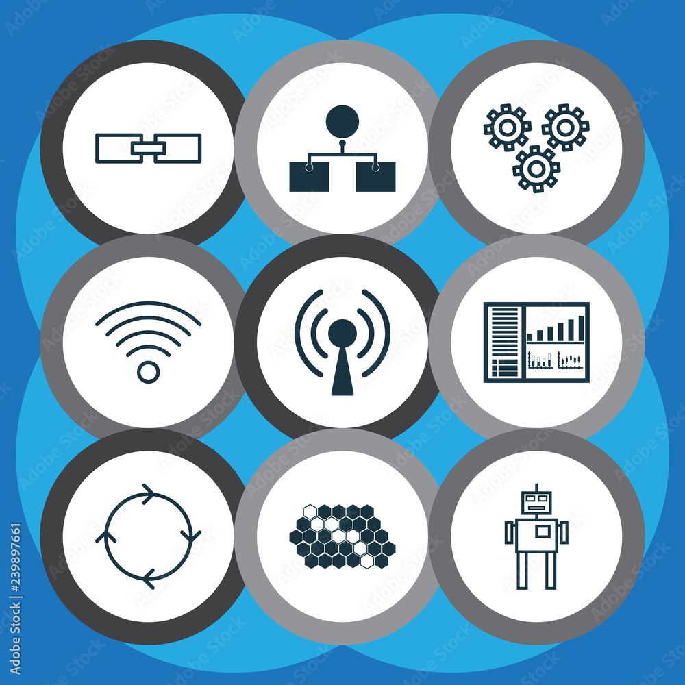 Machine icons set with wireless network, wi-fi, loop algorithm and ...