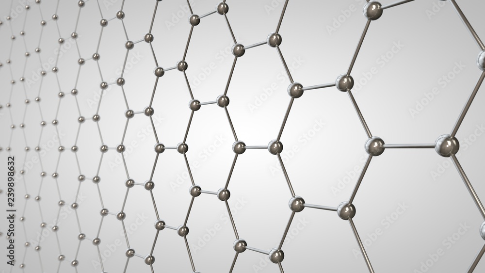 3D illustration of graphene grid, carbon molecules of metallic color ...