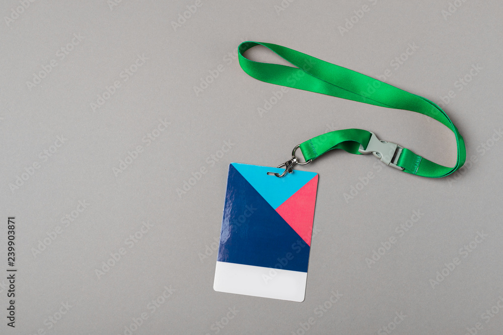 Colour badge mockup on gray background. Plain empty name tag mock up ...