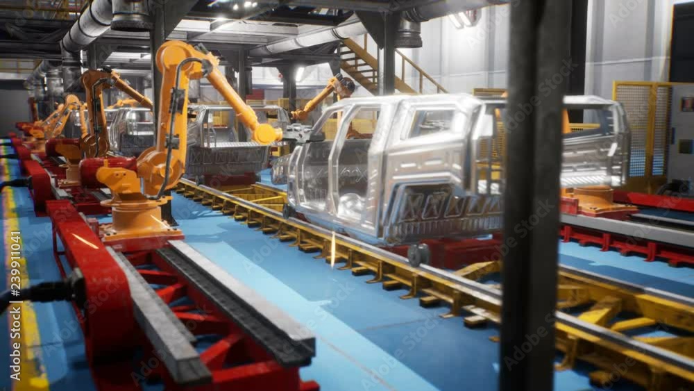 Car welding line of conveyor with frameworks of unfinished cars and ...