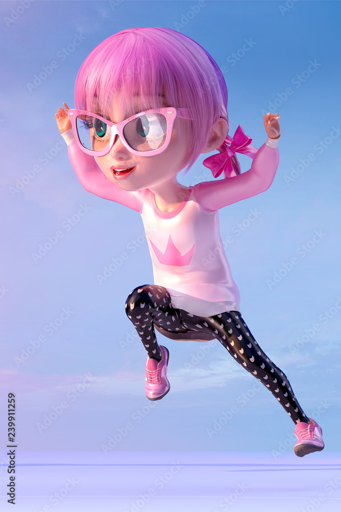 Happy kid girl jumping with outstretched arms. Funny child cartoon ...