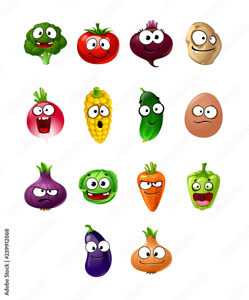 Cartoon plant symbols. Vegetable emoticons. Different emotions in ...
