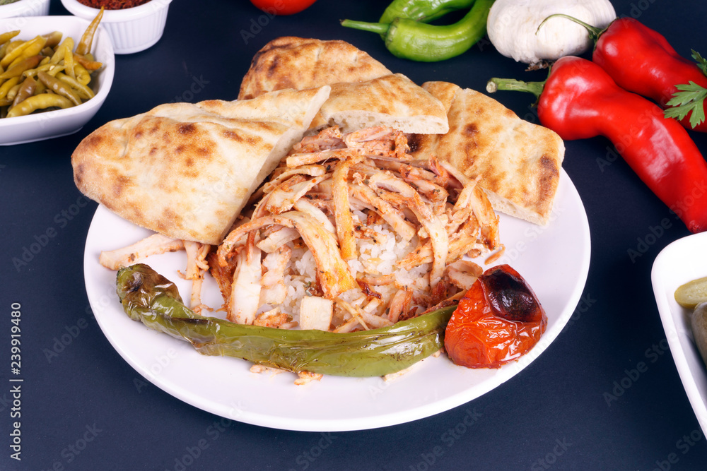 turkish tavuk döner kebab with rice Stock Photo | Adobe Stock