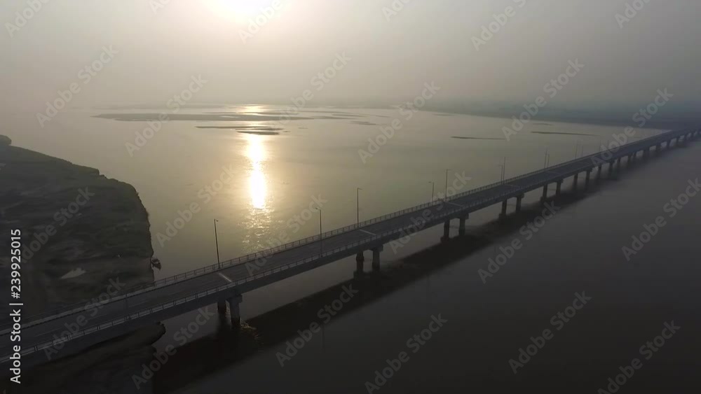 Aerial view of finished construction on the new Ravi River Bridge in ...
