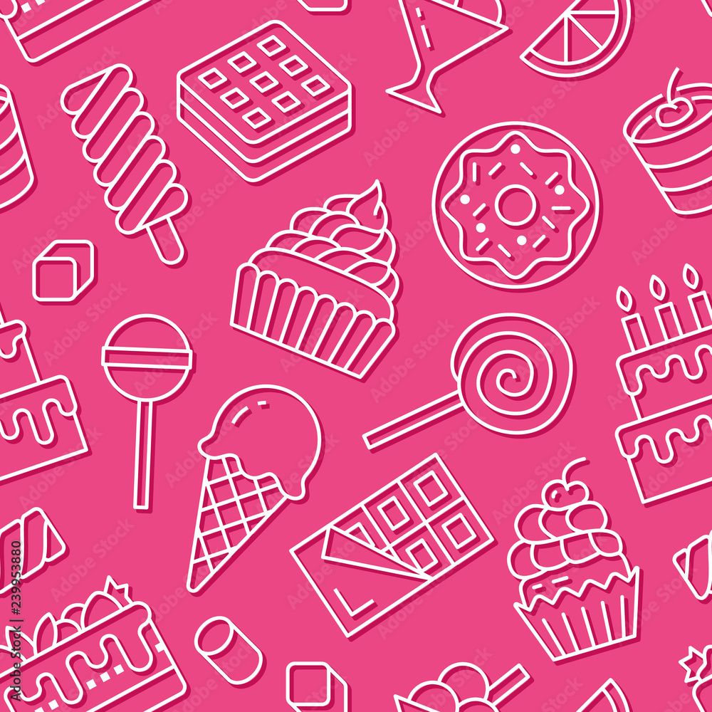 Sweet food seamless pattern with flat line icons. Pastry vector ...