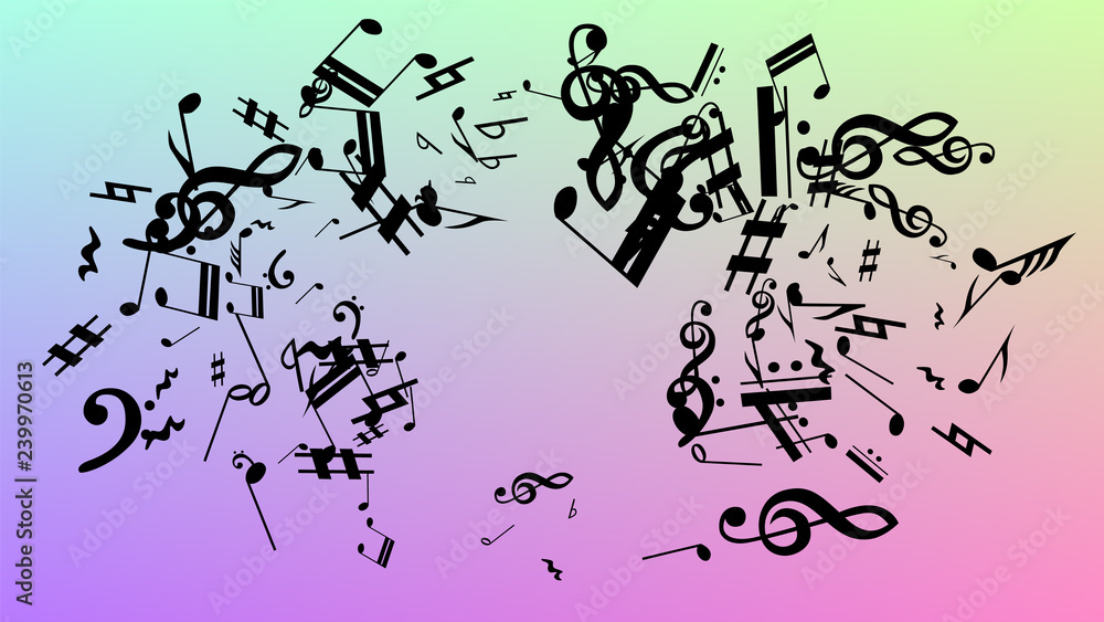 Disco Background. Many Random Falling Notes, Bass and, G Clef. Black ...