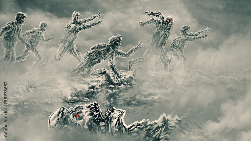 Attack zombie army on battlefield. Scary background with fog. Stock ...
