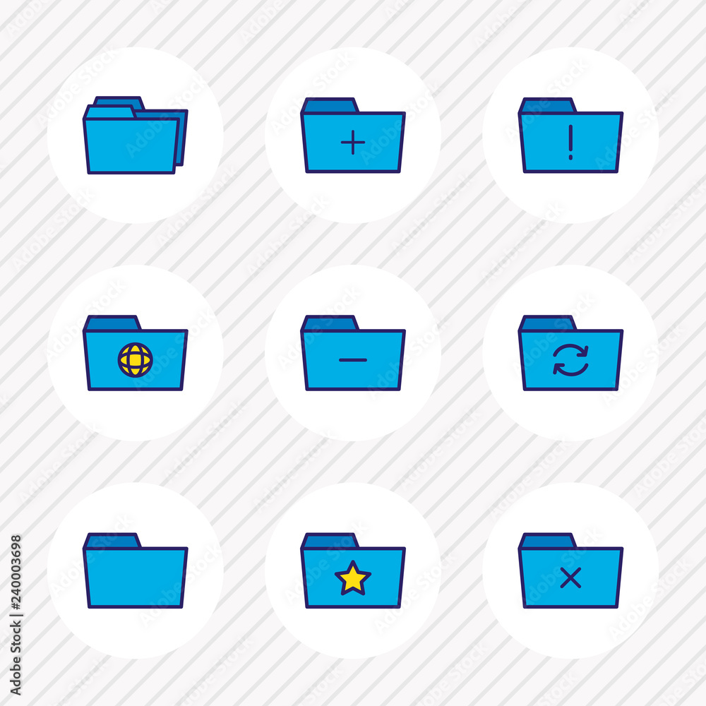 Vector illustration of 9 folder icons colored line. Editable set of ...