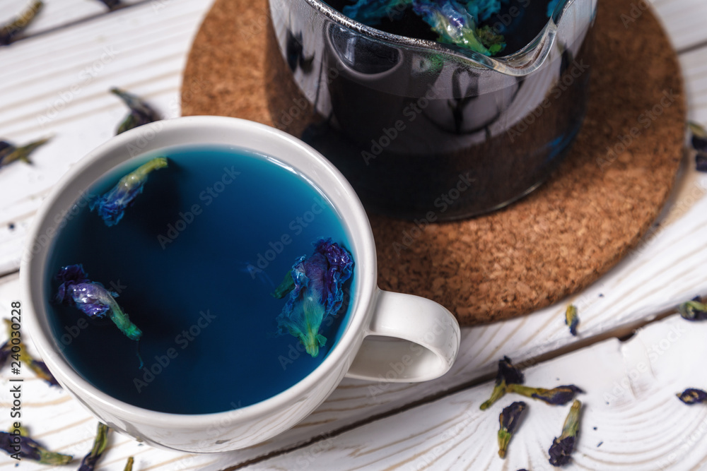 Butterfly pea blue flower tea. Healthy detox herbal drink. Butterfly ...