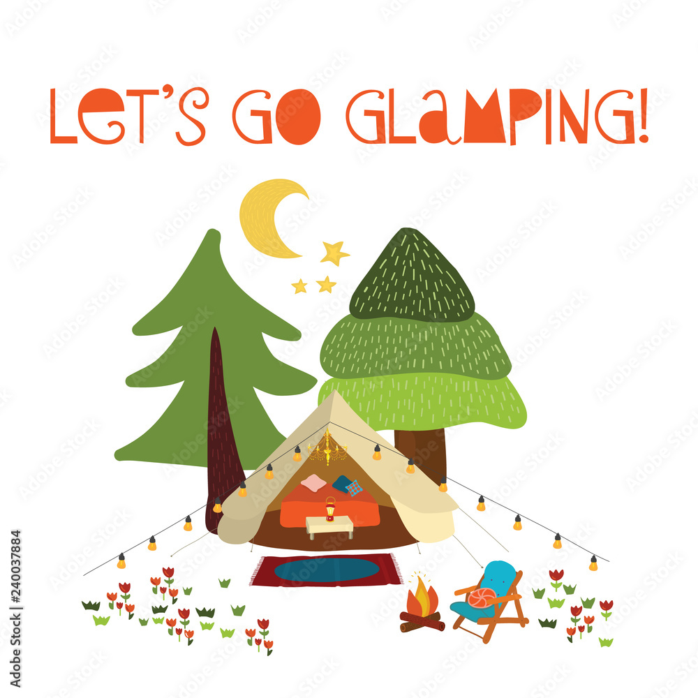 Lets Go Glamping Summer Camping Scene Vector Illustration Boho