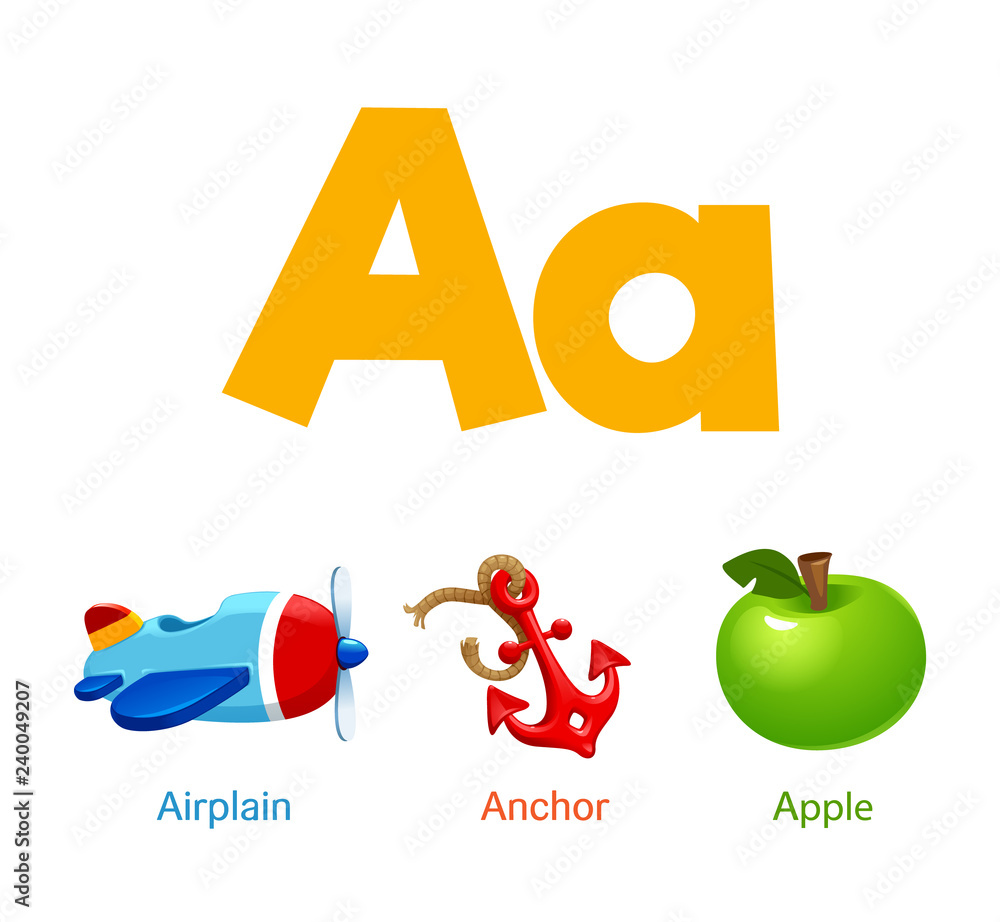 Cute children ABC alphabet flashcard words with the letter A for kids ...