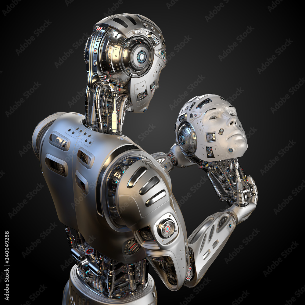 Futuristic robot man holding a very detailed head of another robot or ...