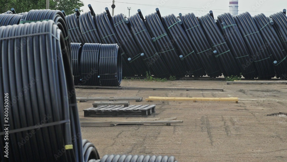 Warehouse of finished plastic pipes industrial outdoors storage site ...