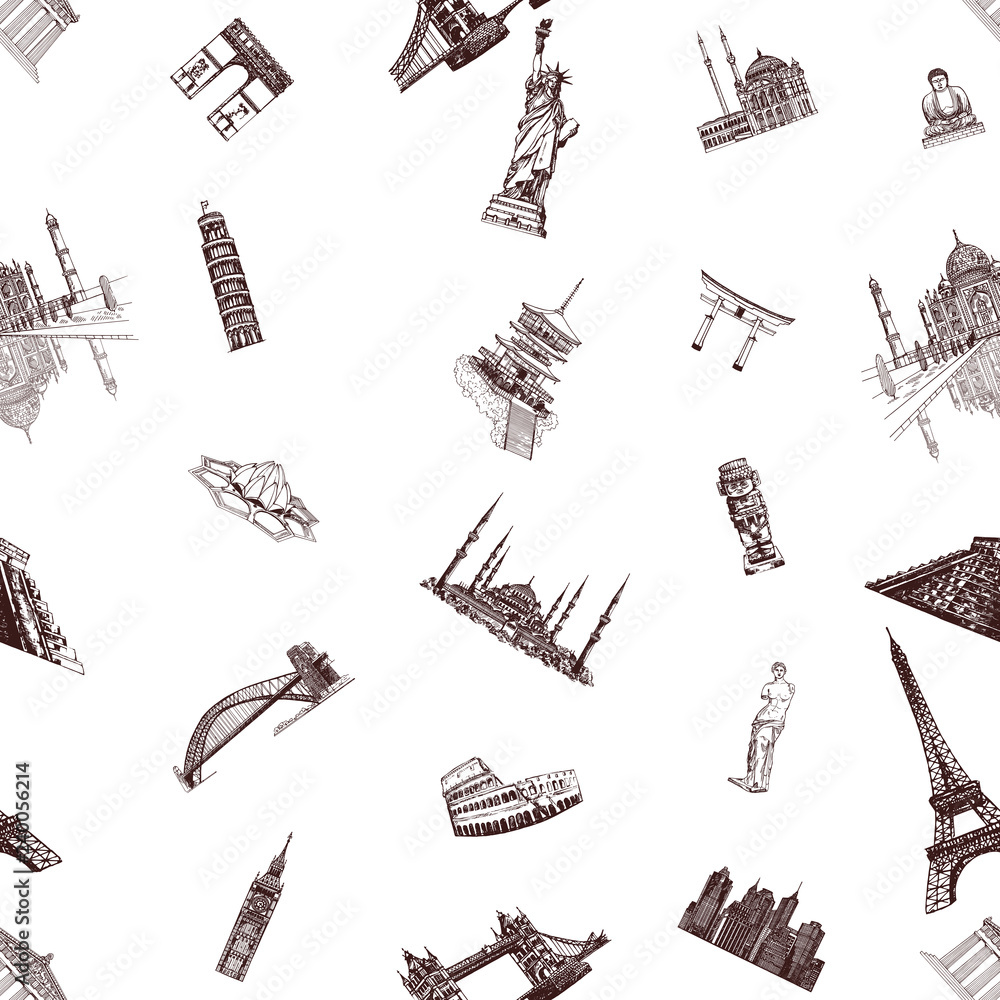 Seamless pattern of hand drawn sketch style world's famous landmarks ...