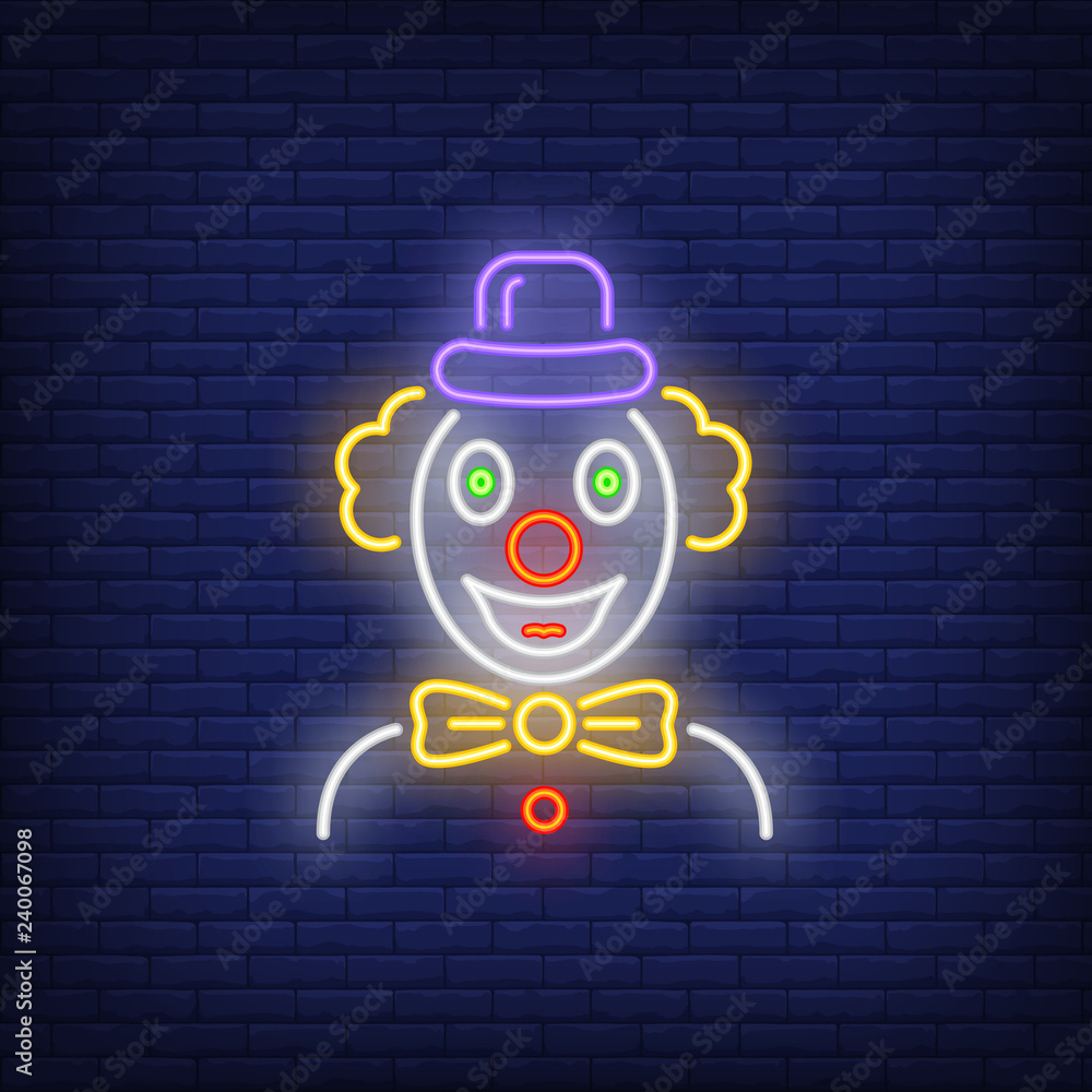 Cheerful clown neon sign. Circus performance advertisement design ...