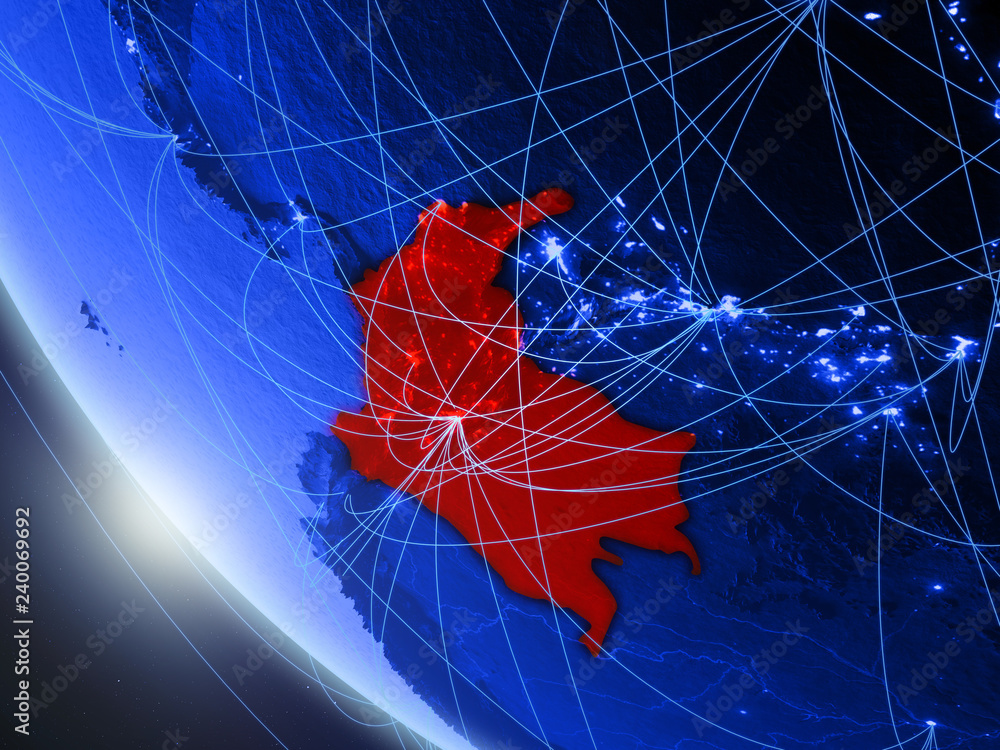 Colombia on blue digital planet Earth from space with network. Concept ...