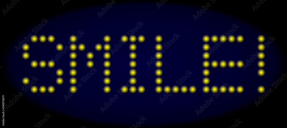 Smile! title in LED style with round glowing pixels. Vector shiny ...