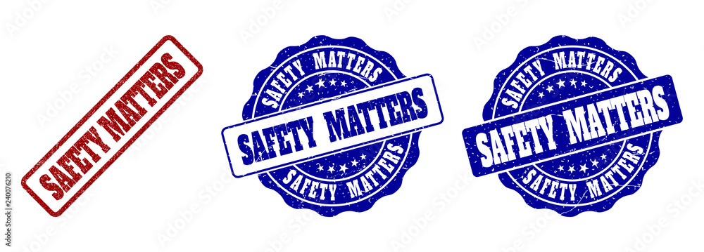 Vetor de SAFETY MATTERS grunge stamp seals in red and blue colors ...