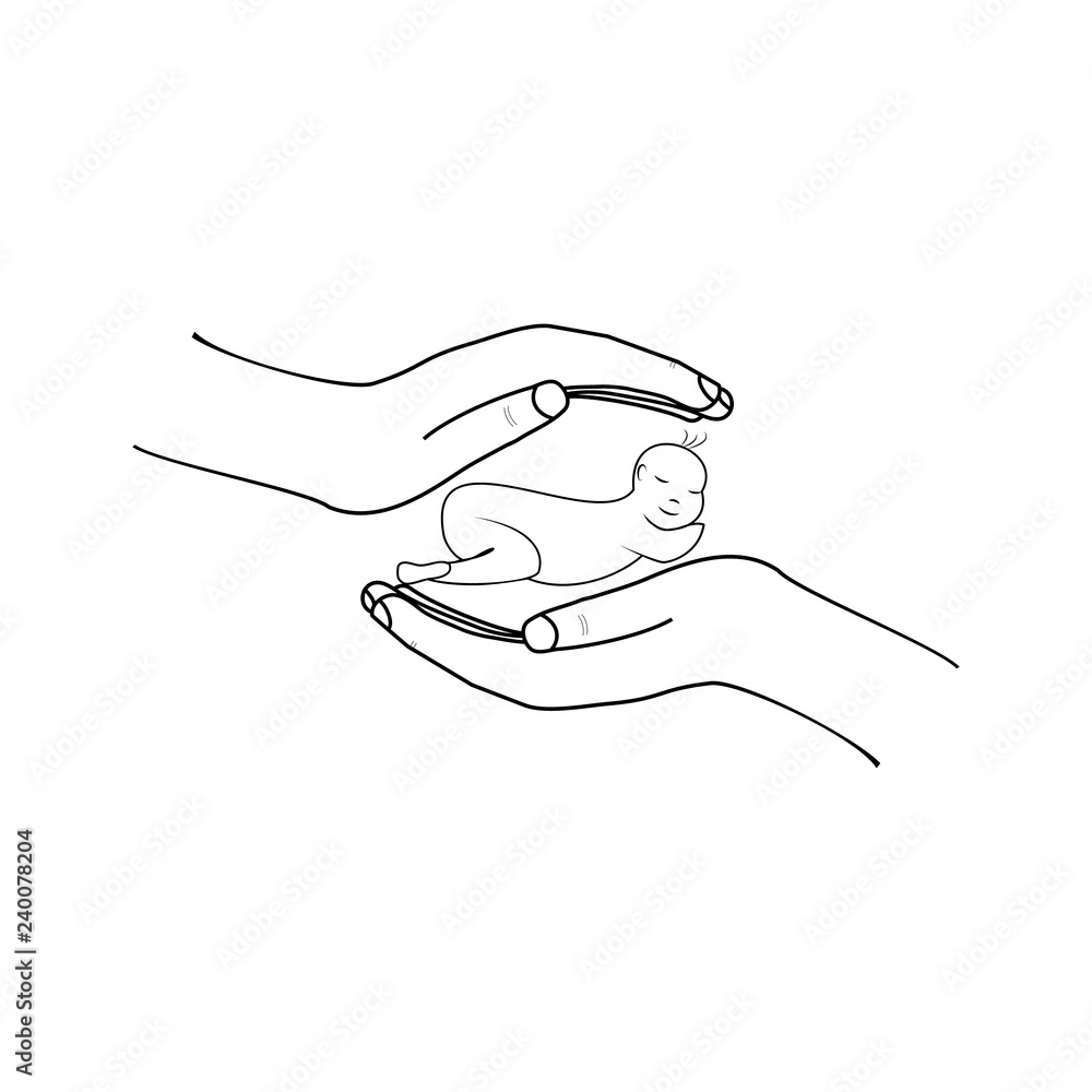 Baby on hands on white background sign. Modern symbol for security ...