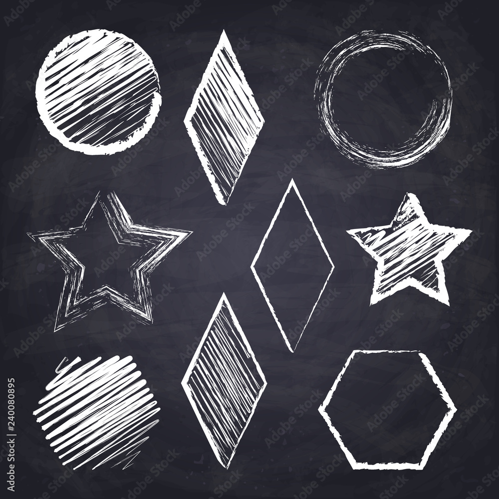 Rhombus, hexagon, star, round. Geometric figures on chalkboard ...
