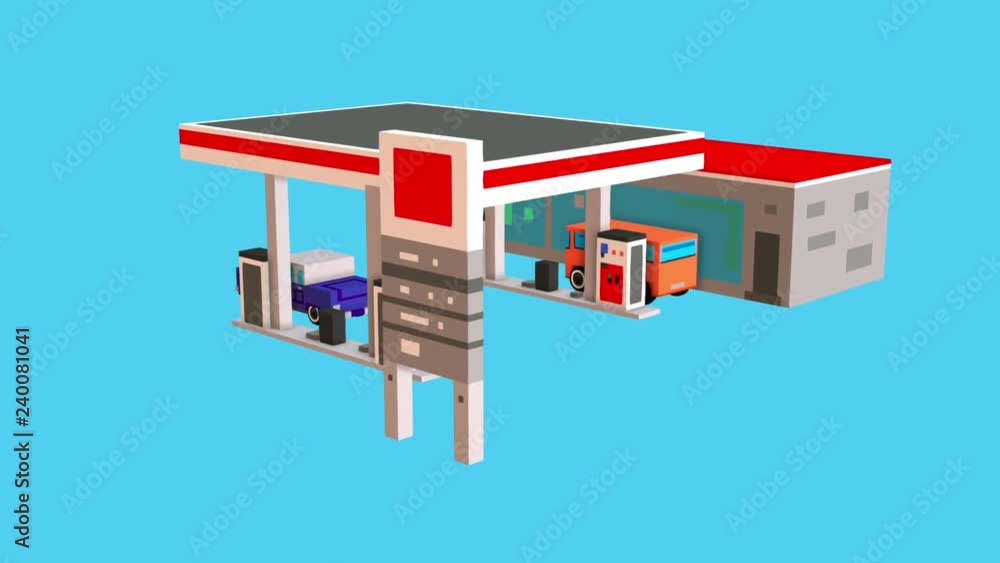 Minimalistic, voxel style 3d animation: Cars pull into and leave a gas ...