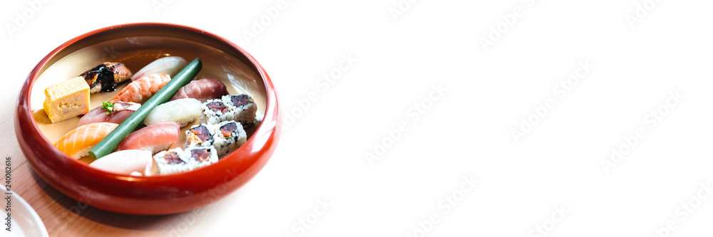 Sushi lunch set including Salmon, Bluefin tuna, Squid, Shrimp, Hamachi ...