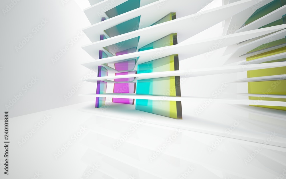 abstract architectural interior with white sculpture and geometric ...