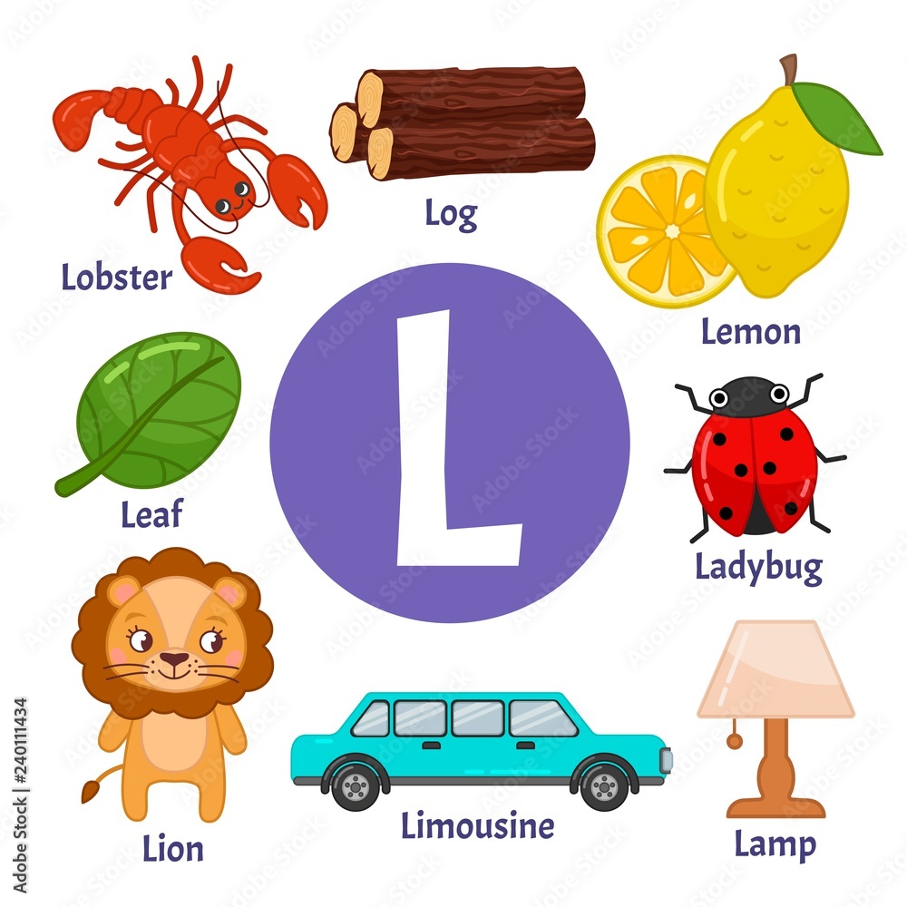 Vector cute kids animal alphabet. Letter L. Set of cute cartoon ...
